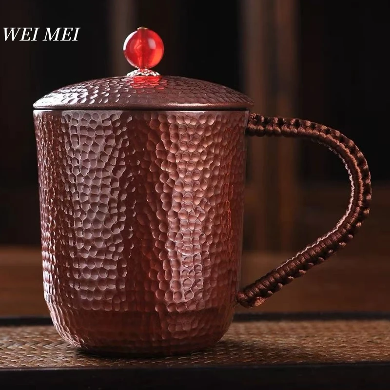 Vintage Copper Coffee Mug,With lid Inlaid Gem 300 ml Breakfast Cup ...