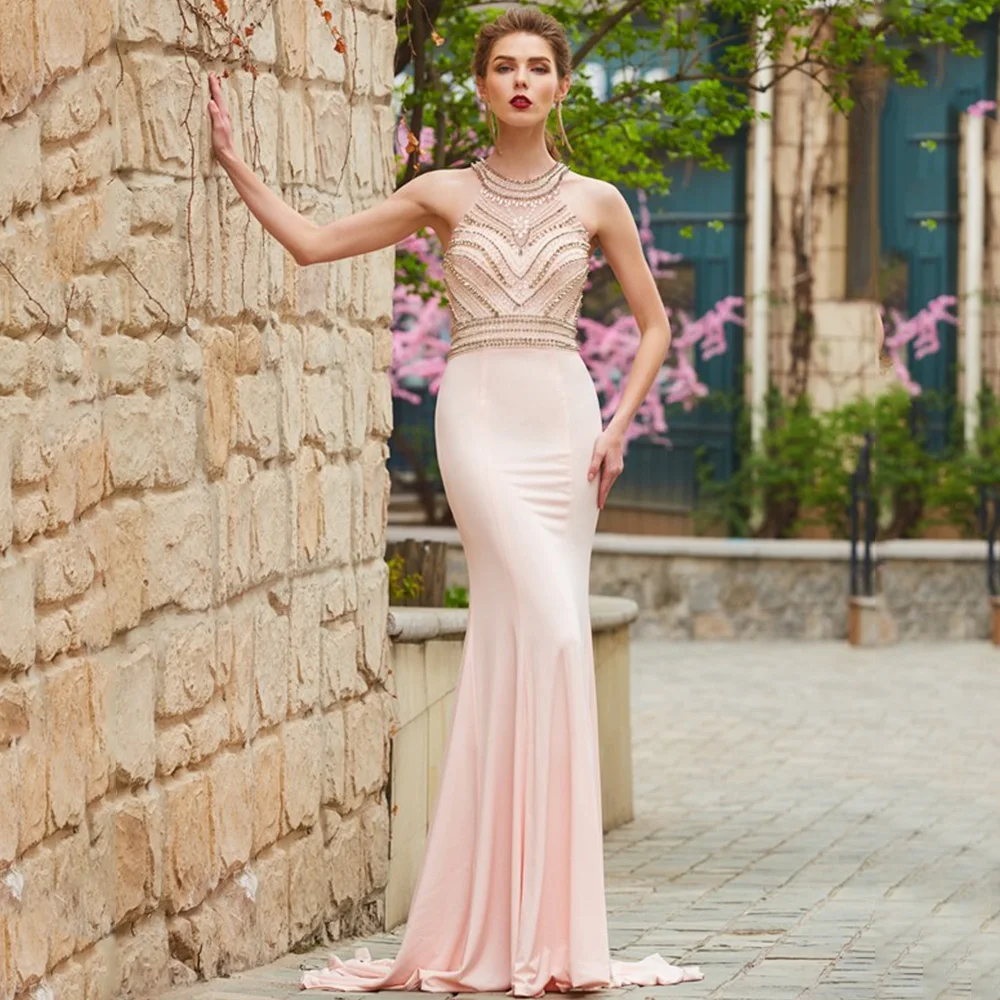 Pink Round Neck Diamond Beaded Mermaid Evening Dress Women Elegant ...