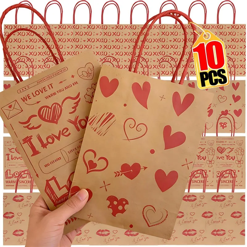1/10pcs Valentine's Day Kraft Paper Bag Party Small Gift Packaging Bag ...