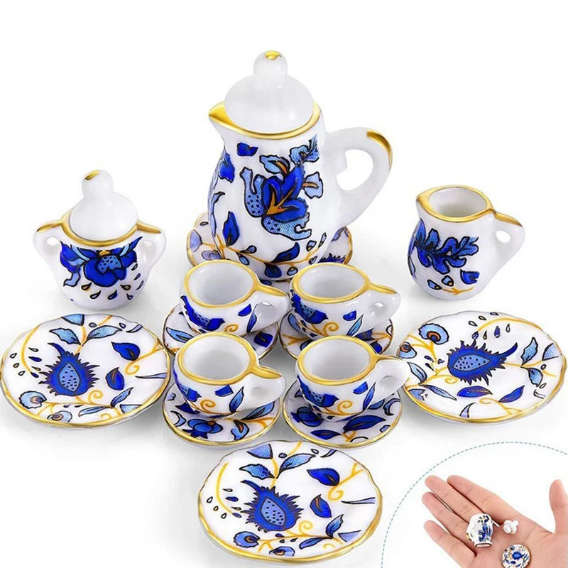 Miniature Tea Cup Set Miniature Te Game Doll House Blue And White Mini ...