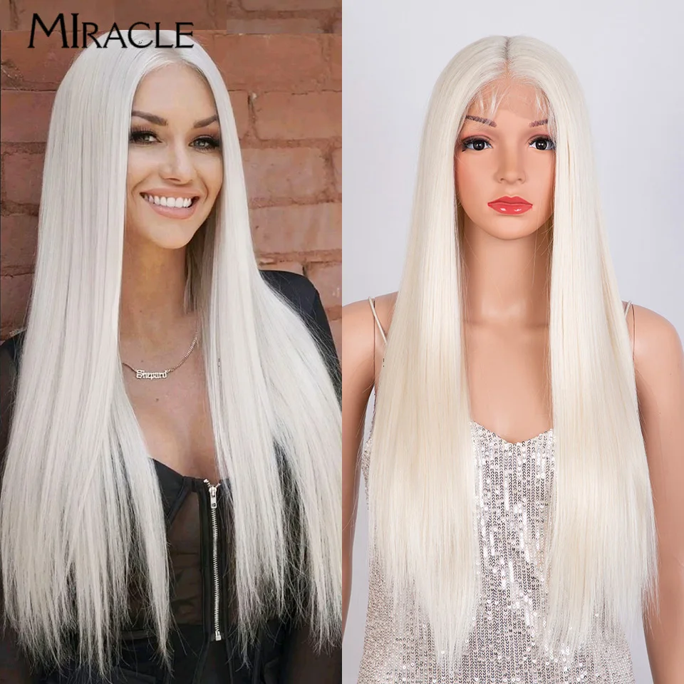 MIRACLE Synthetic 28'' Straight Lace Front Wig for Women Female Fiber ...