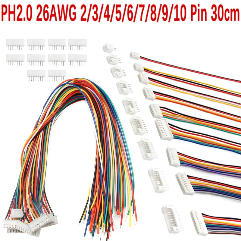 Conector JST PH2.0, conector macho y hembra de 30CM, 26AWG, 2/3/4/5/6/7/8/9/10 Pines, 10 juegos ...