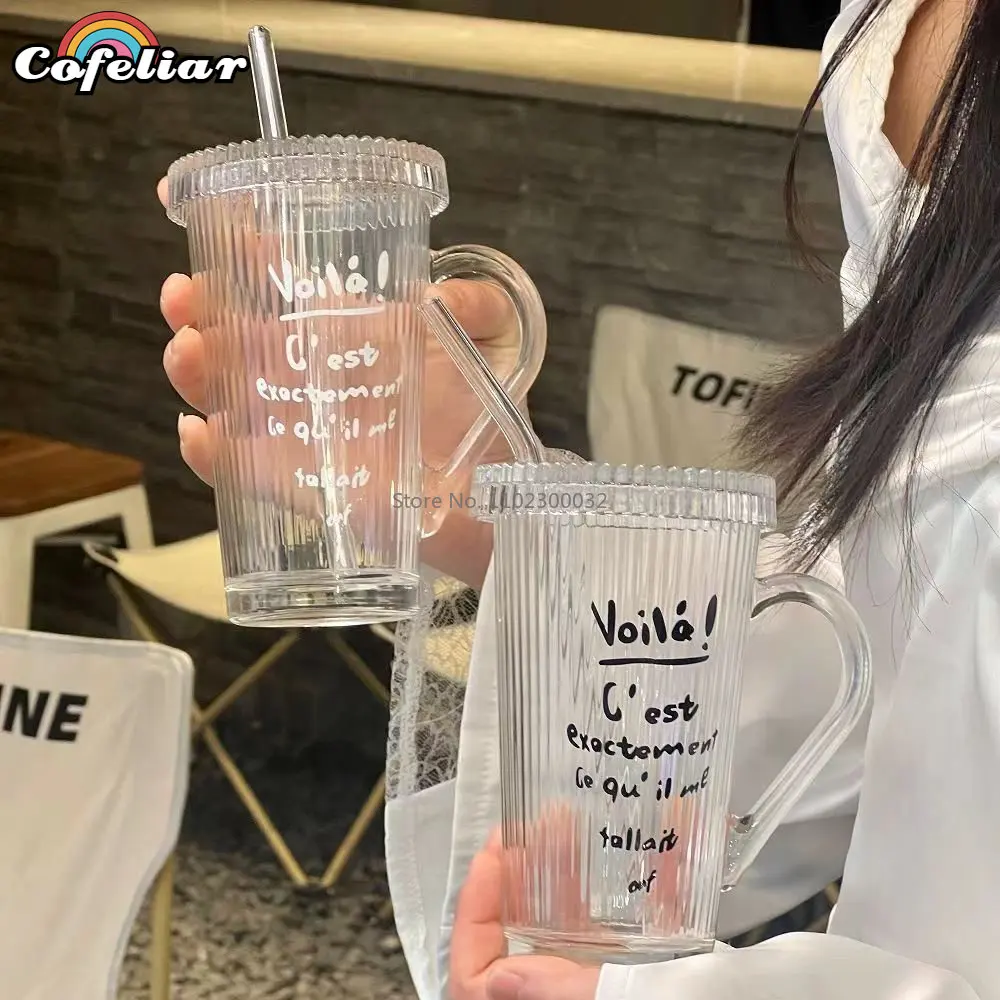 375ML StripeTransparent Letter Glass Cup With Handle Lid and Straw ...