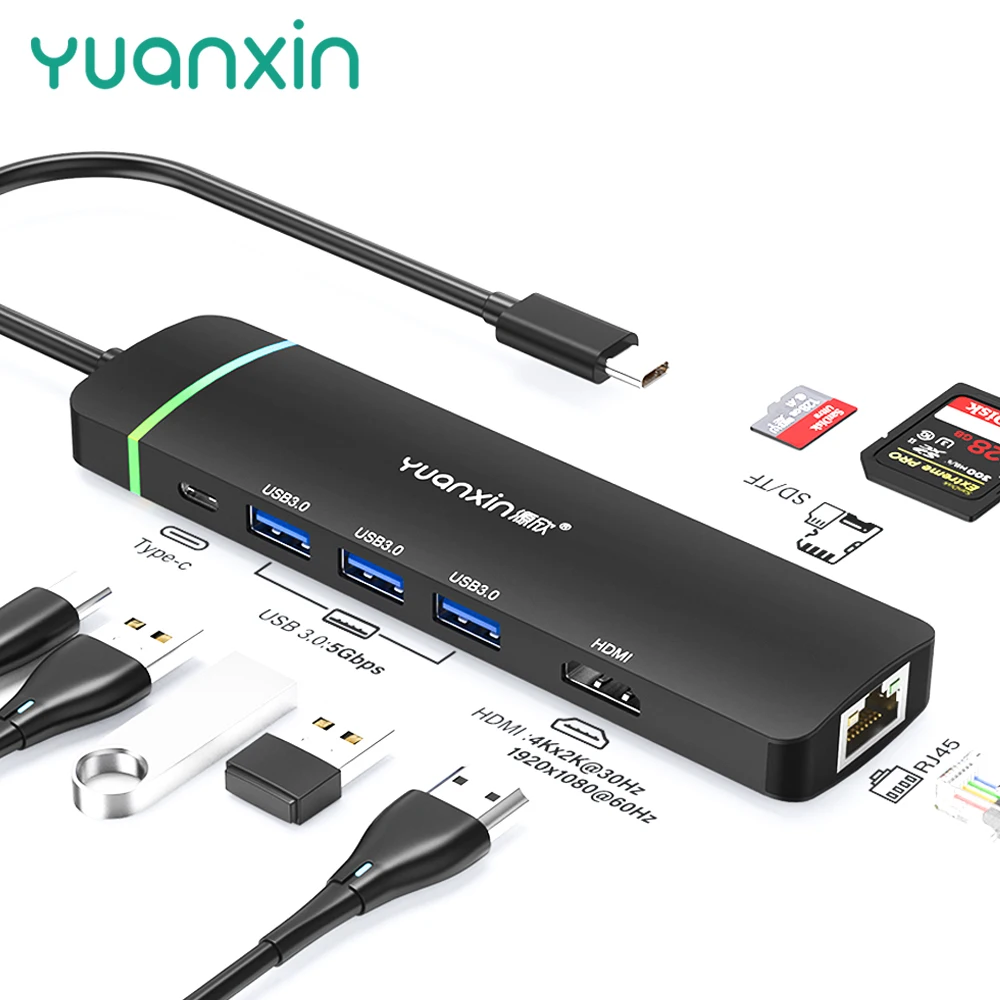 Yuanxin Usb C Hub 4k 30hz Type C To Hdmi 2.0 1000mbps Rj45 Pd 100w Adapter For Macbook Air Pro ...