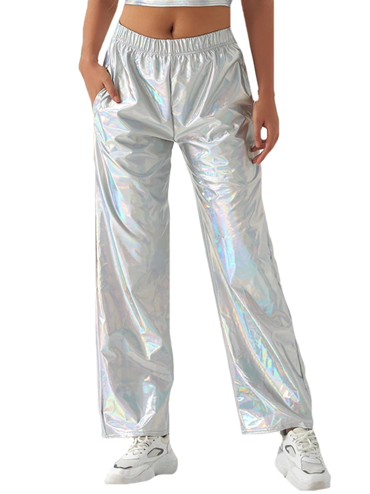 YGYEEG Women Shiny Holographic Pants Loose Metallic Trousers Dance Hip ...