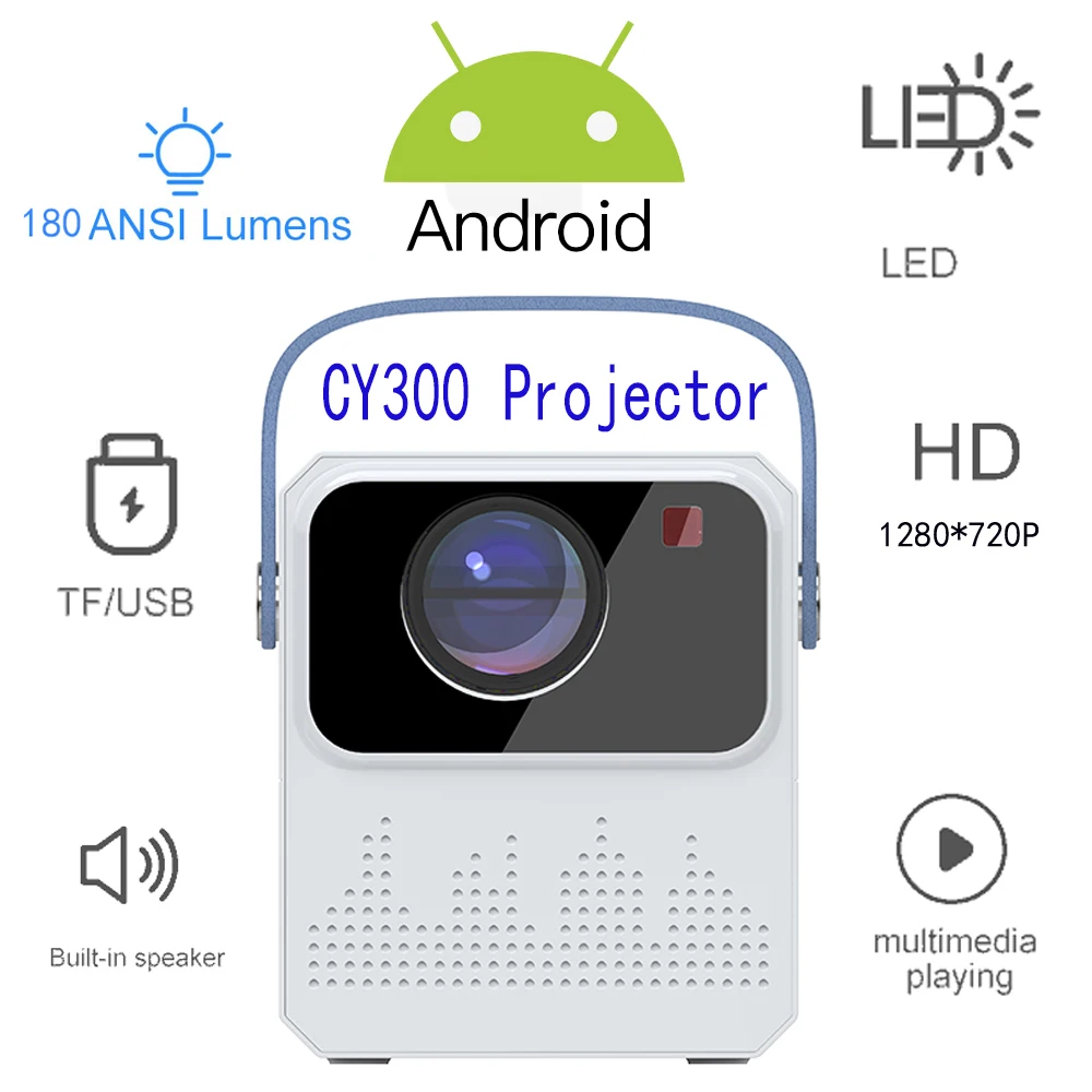 CY300-Smart-HD-Projector-Android-9-0-Wifi-BT-180-ANSI-1280-720P-Home ...
