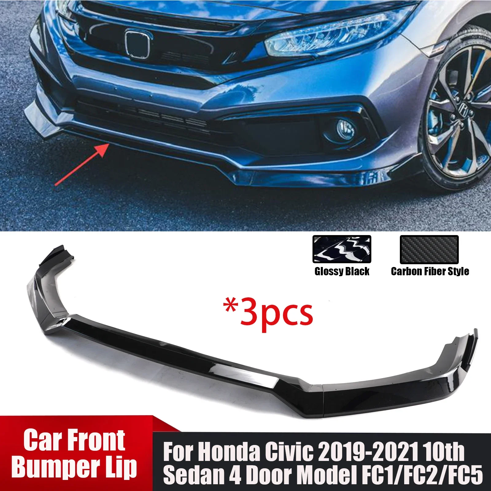 3PCS-Car-Front-Bumper-Lip-For-Honda-Civic-2019-2021-10th-Sedan-4-Door ...