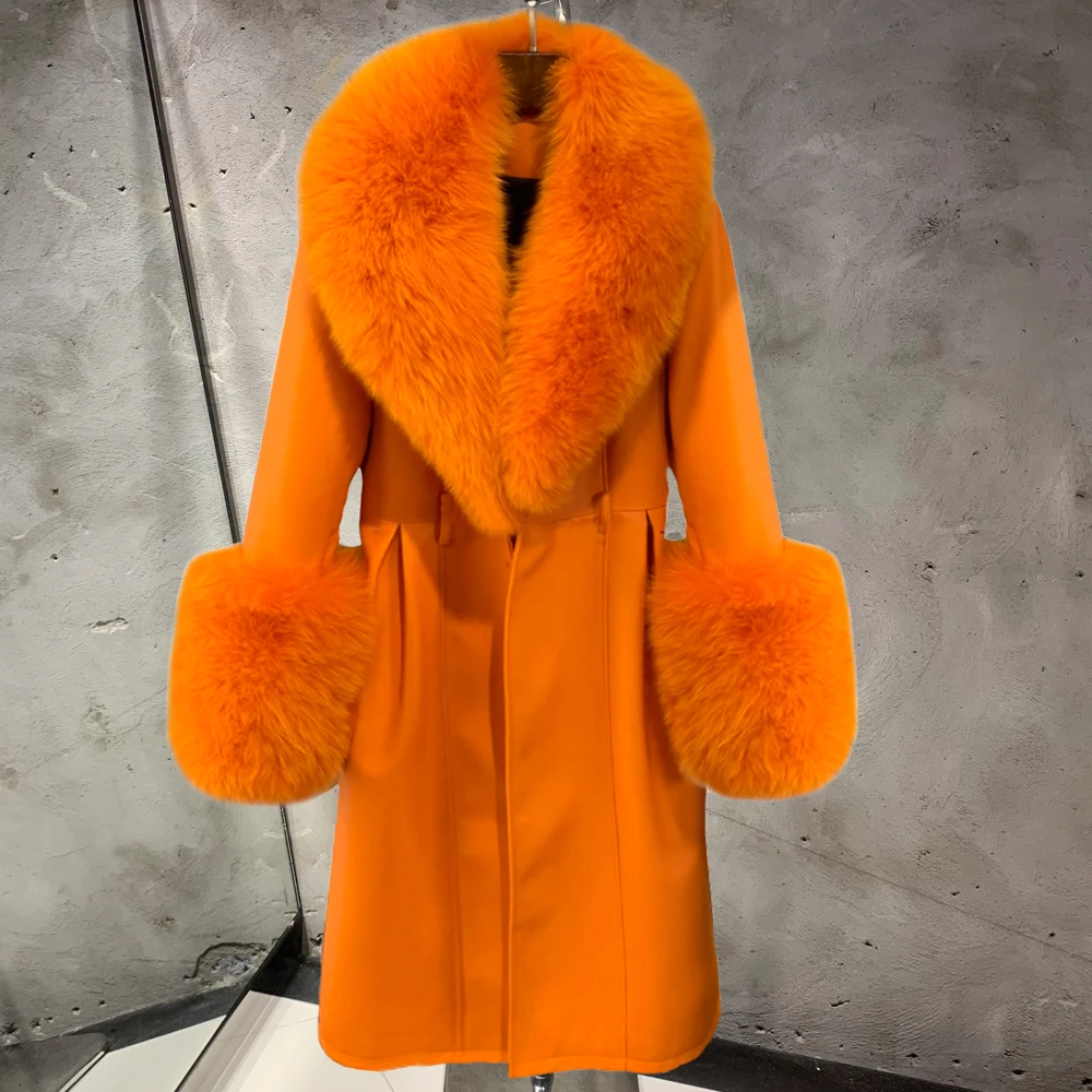 Abrigo-largo-de-piel-aut-ntica-para-mujer-abrigo-naranja-con-cuello-y ...