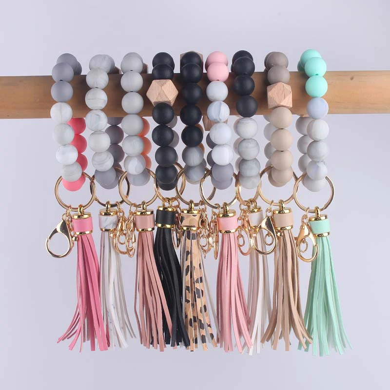 Silicone-Beads-Key-Chains-With-Tassel-Wood-Beads-Bracelet-Keyring ...
