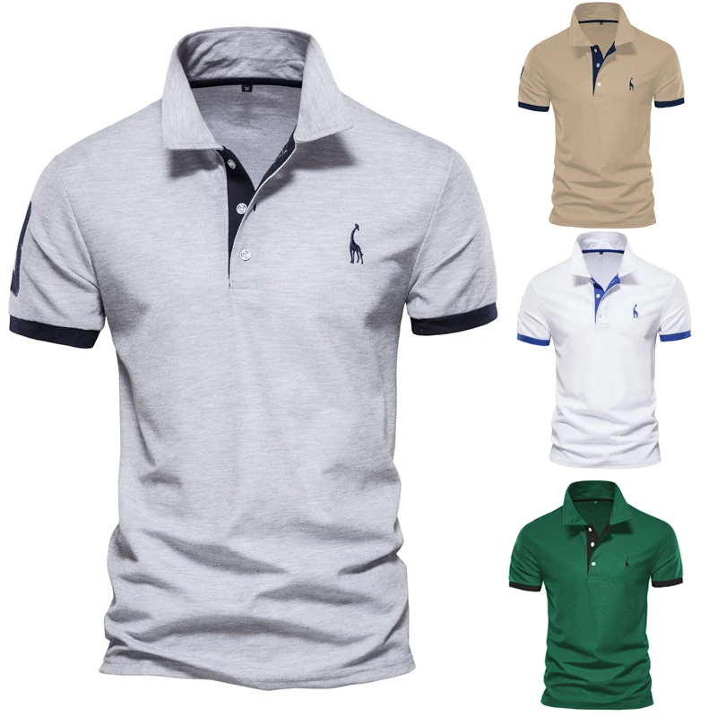Summer-Men-s-Fawn-Embroidered-Plain-Solid-Polo-Shirt-Business-Casual-Short-Sleeve-Lapel-Button ...