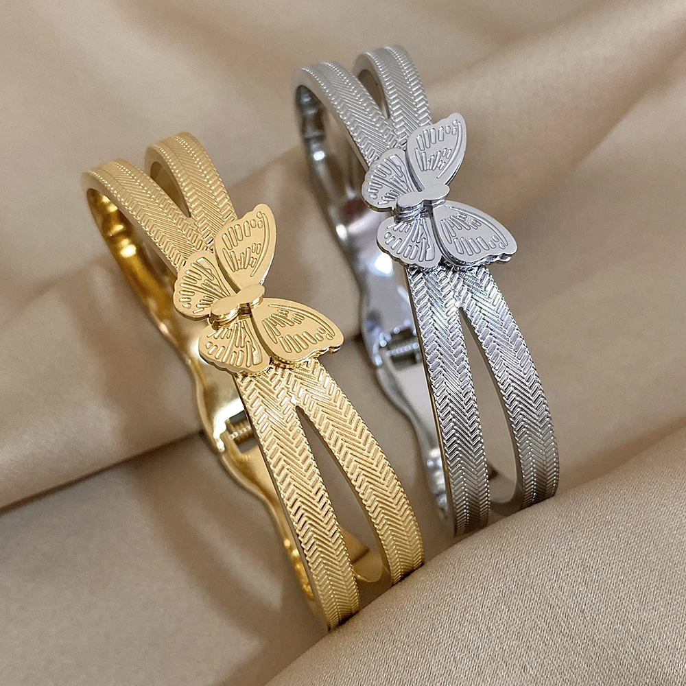 Classic-Stainless-Steel-Butterfly-Bangles-Bracelets-for-Women-Vintage-18K-Gold-Plate-Fashion ...