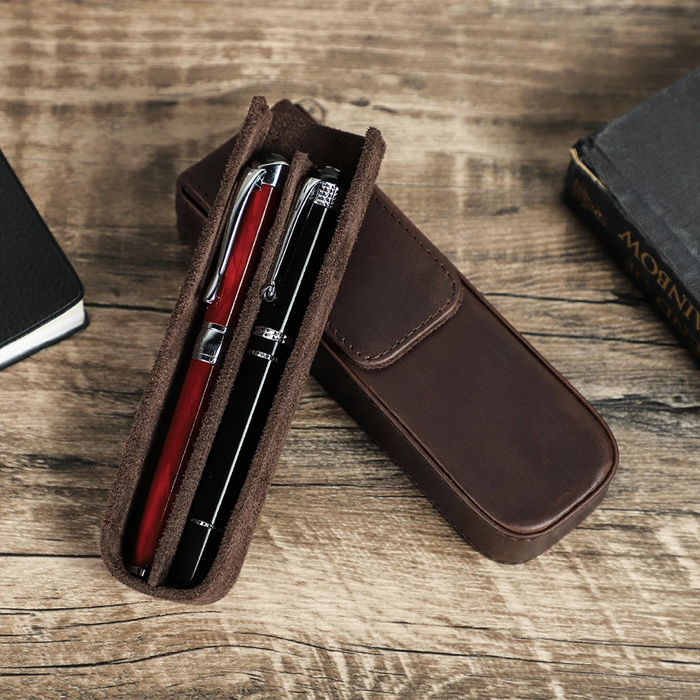 CONTACT'S FAMILY Leather 2 Slots Pen Case Magnetic buckle With ...