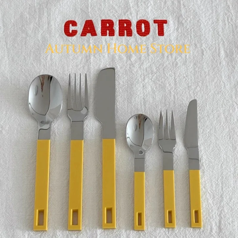 Yellow-Resin-Handle-Stainless-Steel-Knife-Fork-Spoon-Dessert-Fork-Spoon ...