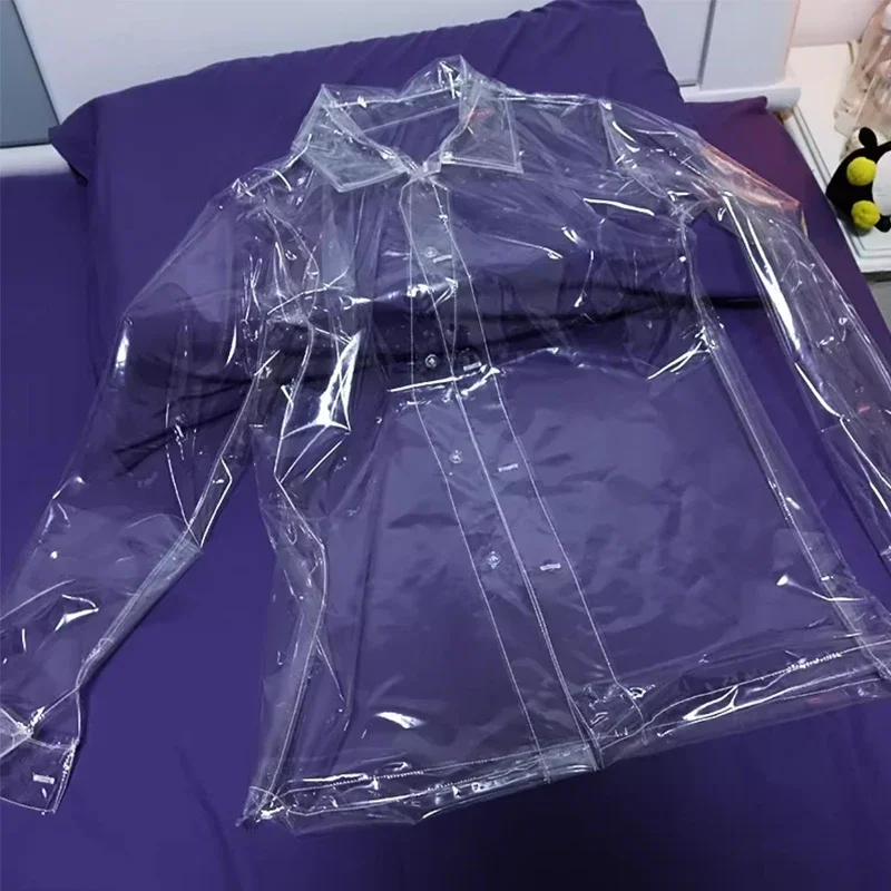 Women Sexy Transparent PVC Plastic Shirt Long Sleeve See Through Thin ...