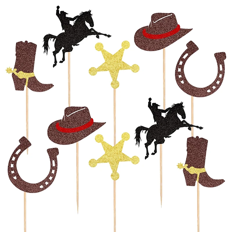 10/20pcs Cowboy Party Decorations Cake Toppers Glitter Paper Birthday ...
