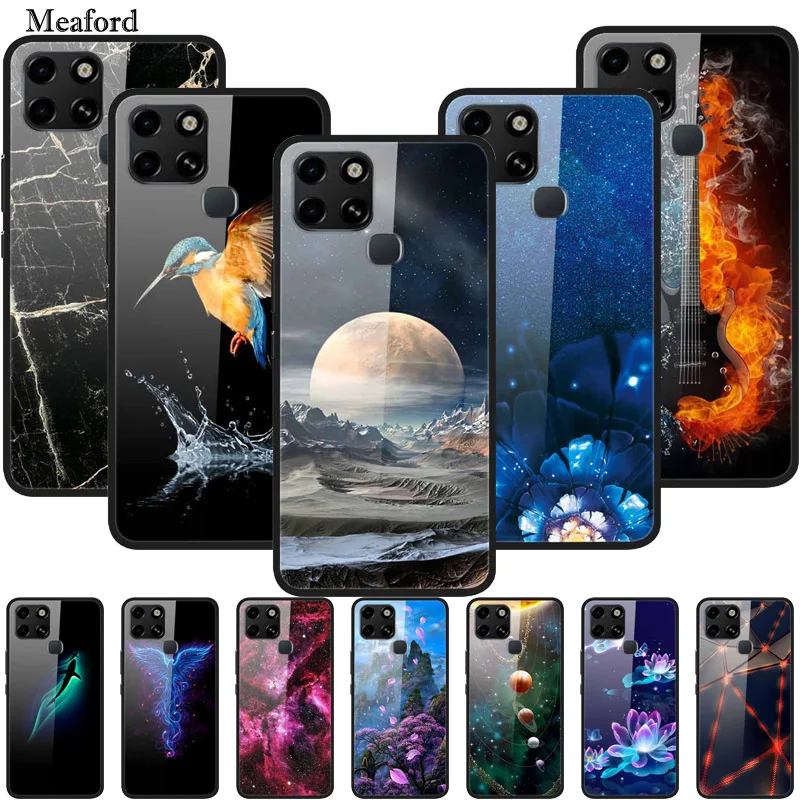 For-Infinix-Smart-6-Case-Flowers-Tempered-Glass-Back-Cover-Hard-Case ...