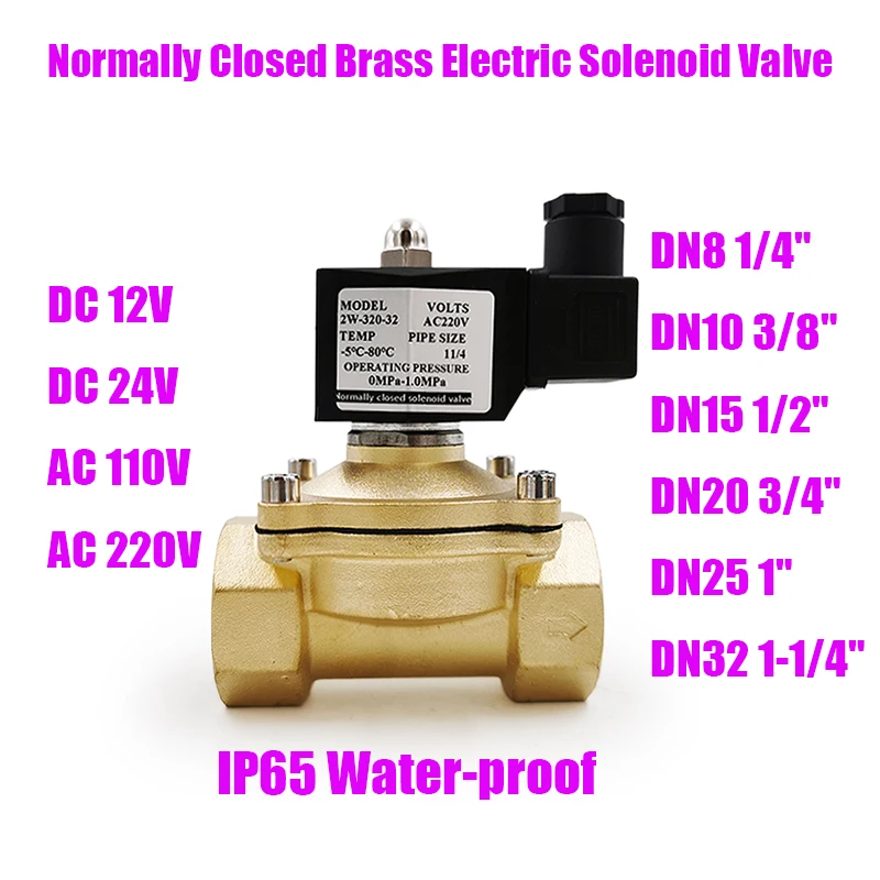 Normally Closed Brass Electric Solenoid Valve 1/4" 3/8" 1/2" 3/4" 1" 1-1/4" 12v 24v 110v 220v ...