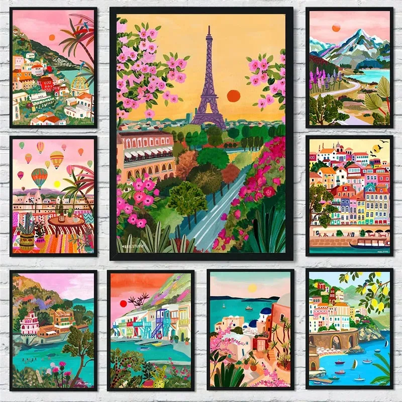 Colorful-Travel-Mountain-City-Landscape-Art-Canvas-Painting-Prints ...