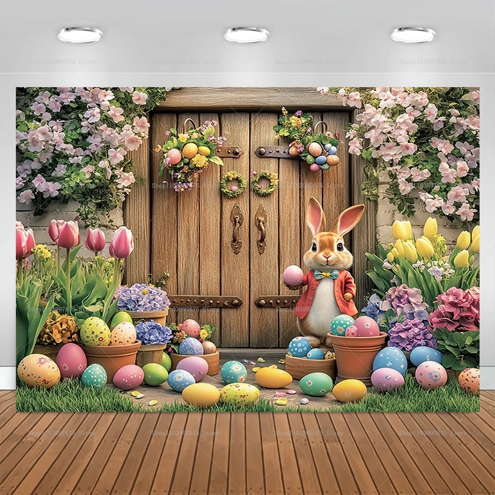 Spring Easter Photography Backdrops Floral Grass Rabbit Eggs Rustic ...