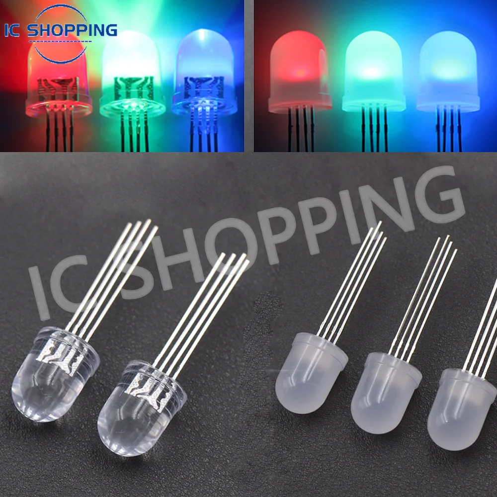 10pcs 10mm 4pins full color RGB LED Common Anode / Cathode Transparent ...