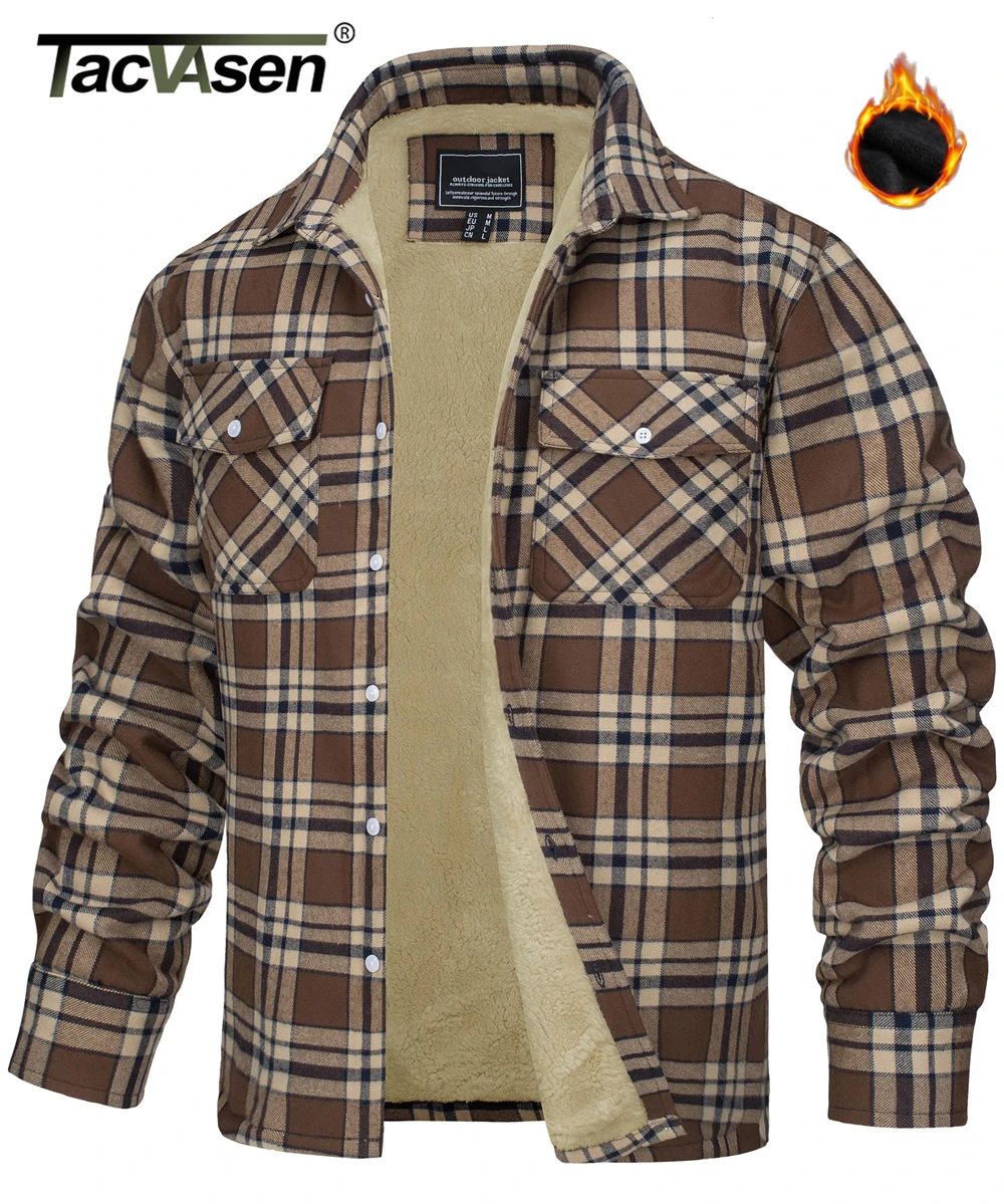 TACVASEN Fleece Lining Jackets Mens Flannel Cotton Jackets Plaid Casual Button Down Cargo Work ...