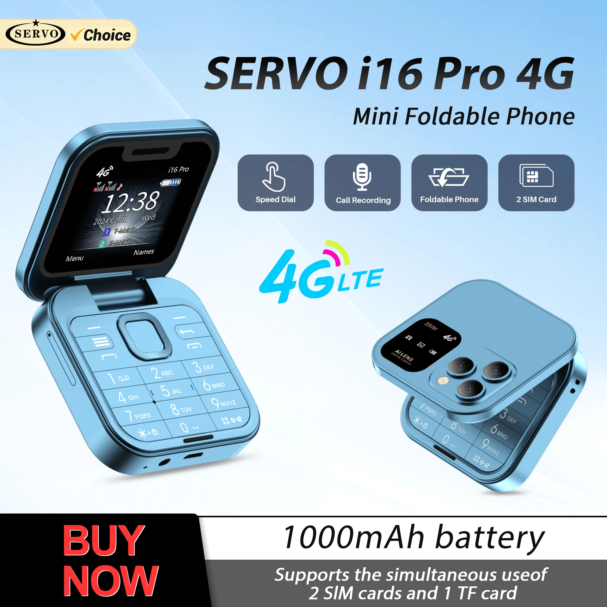 SERVO i16 Pro Mini Flip Mobile Phone 4G LTE Call Recording Speed Dial ...