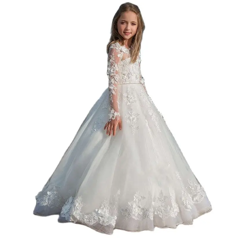 New-Arrivals-Flower-Girls-Long-Sleeves-Ball-Gowns-with-Pearls-Sash-Holy ...