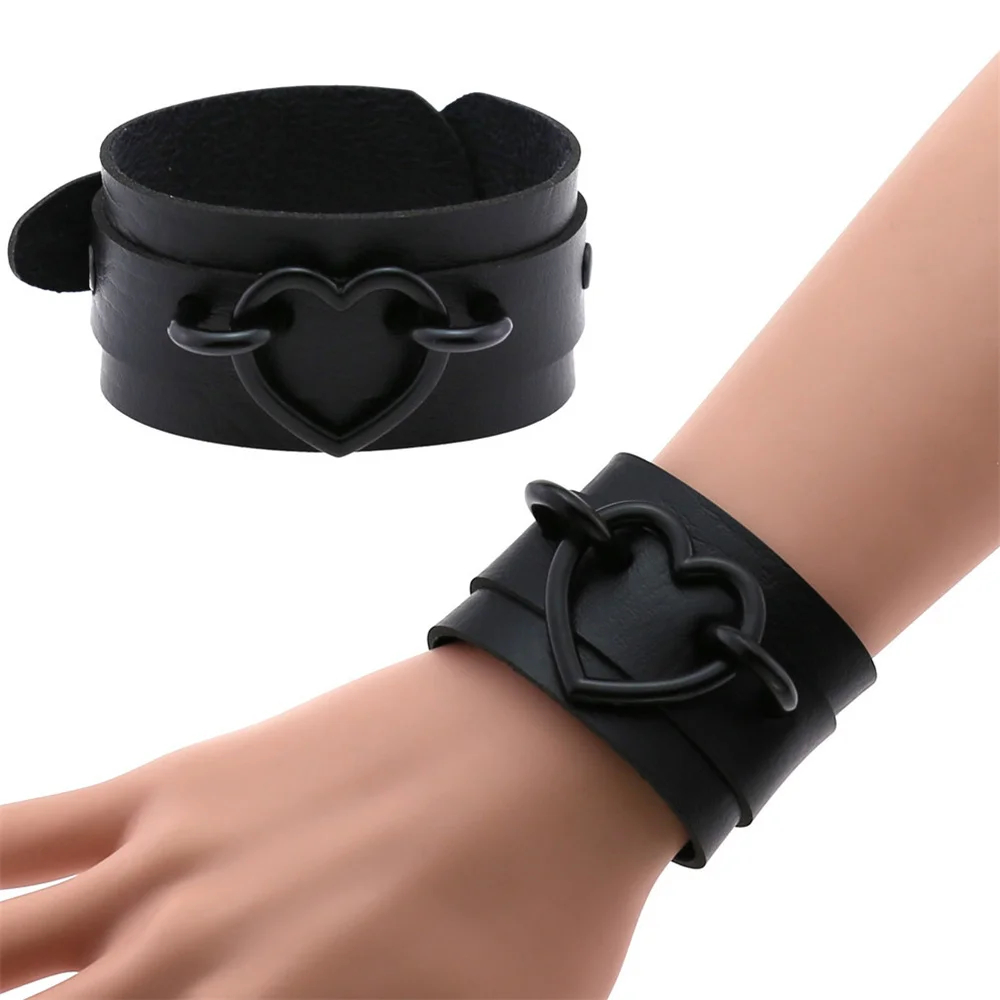 Pu-Leather-Heart-Bracelet-Bangle-Black-Leather-Wristband-Cuff-gothic ...