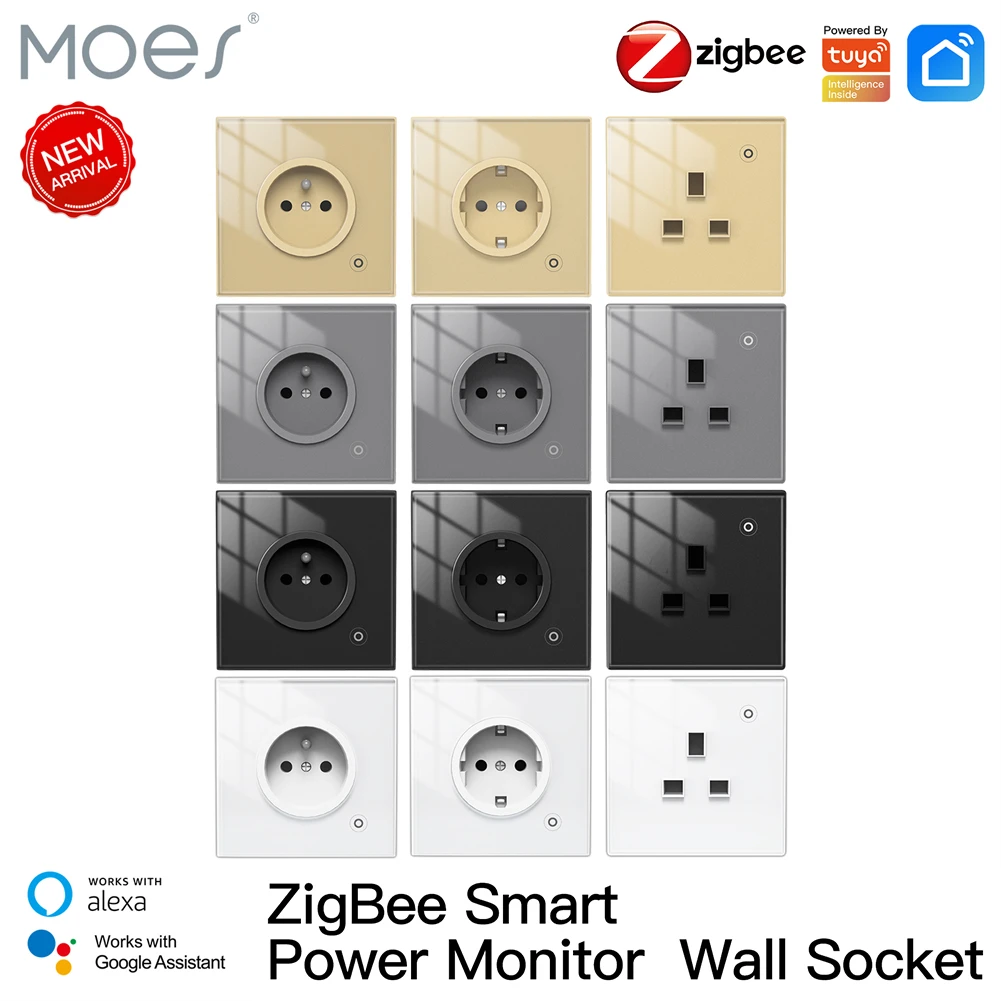 Zigbee Smart Wall Socket Glass Panel Outlet Power Monitor Tuya Wireless ...