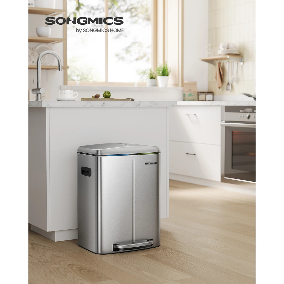 SONGMICS Double Rubbish Bin, Dual Compartment Metal Step Bin, with ...