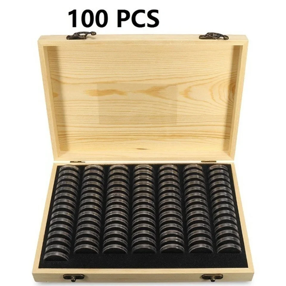 Coin Storage 100 Grid Wooden Coin Collection Box With Plastic Capsules ...