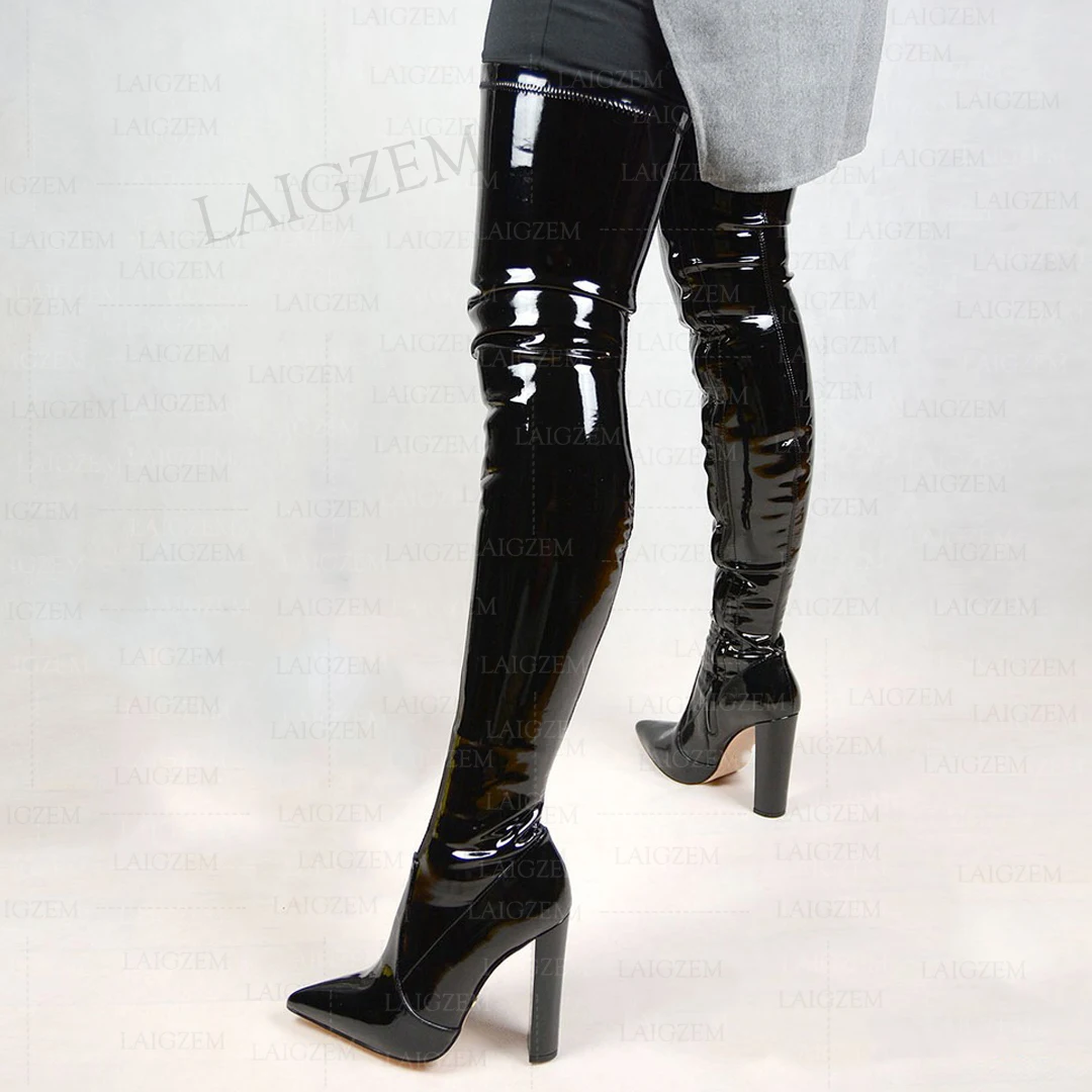 BERZIMER-Women-Thigh-High-Heels-Boots-Stretchy-Pointed-Toe-Thick-High ...