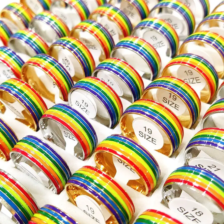 30pcs-Wholesale-6-Row-Color-Enamel-Men-Ring-Rainbow-Stripe-Stainless ...