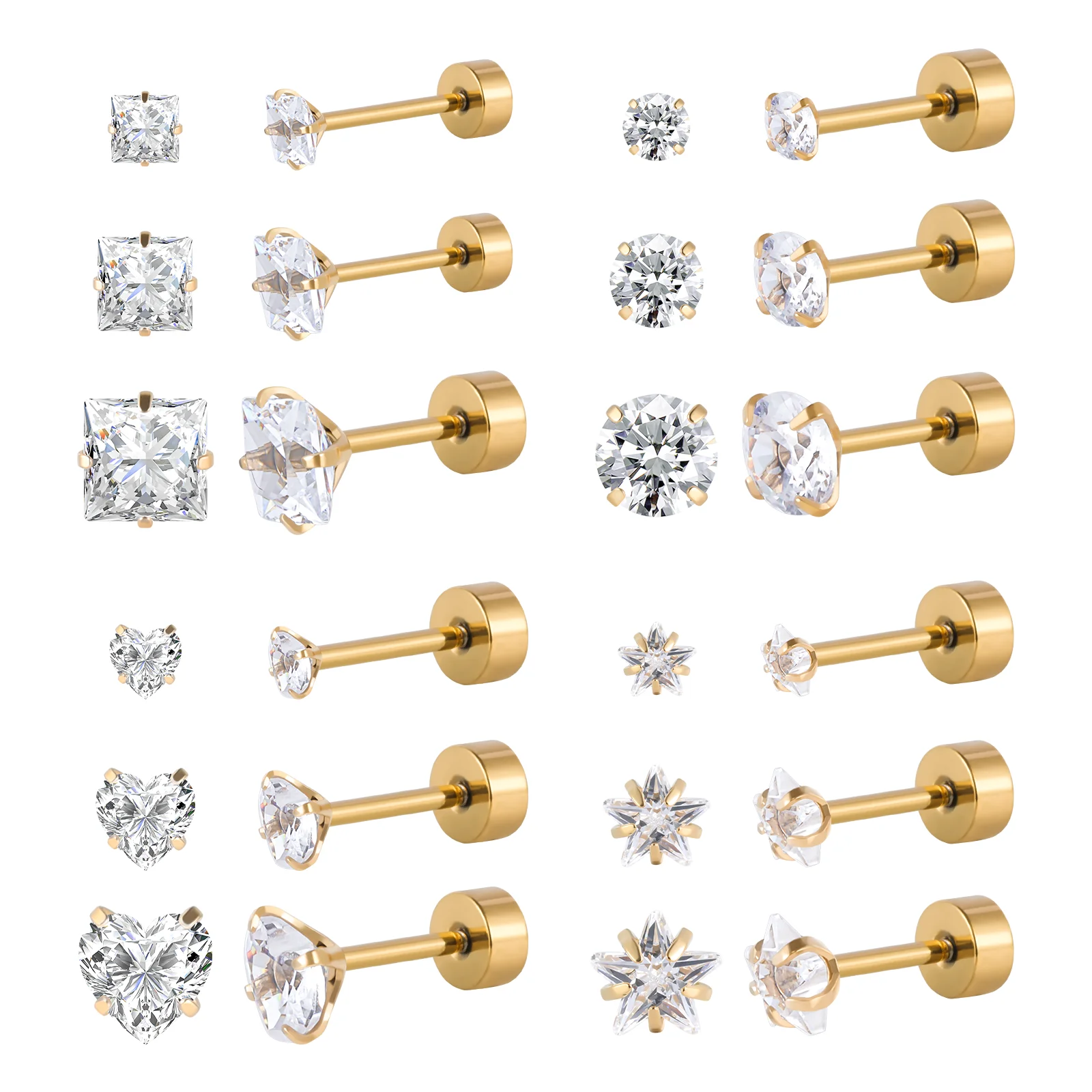 12-Pairs-Stainless-Steel-Screw-back-Stud-Earring-Gold-Black-Plated-Star ...