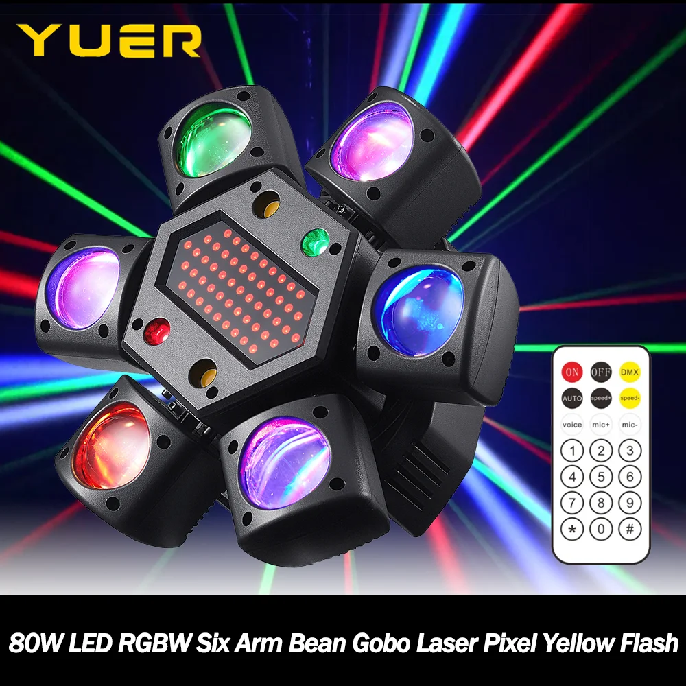 80W LED RGBW Six Arm Moving head Light Bean Gobo Laser Pixel Yellow ...