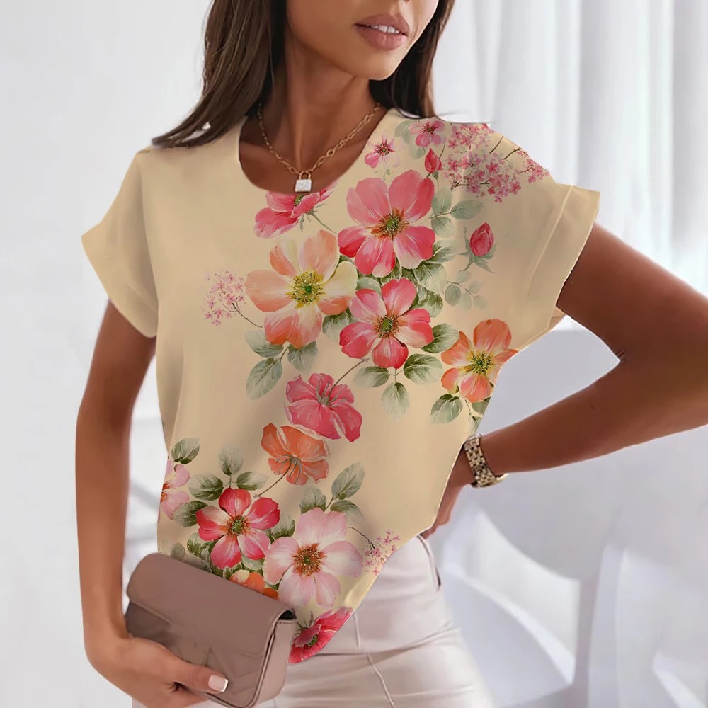 2024-Women-s-Floral-Theme-Printed-Painting-Tee-Shirts-V-Neck-Casual ...