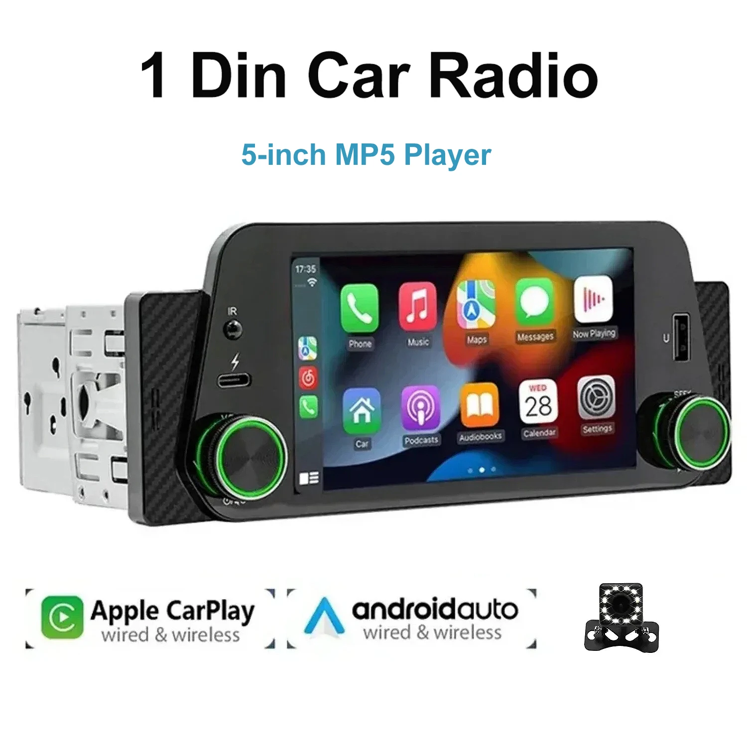 1-Din-Car-Radio-CarPlay-Android-Auto-5-Inch-MP5-Player-Bluetooth-Hands ...