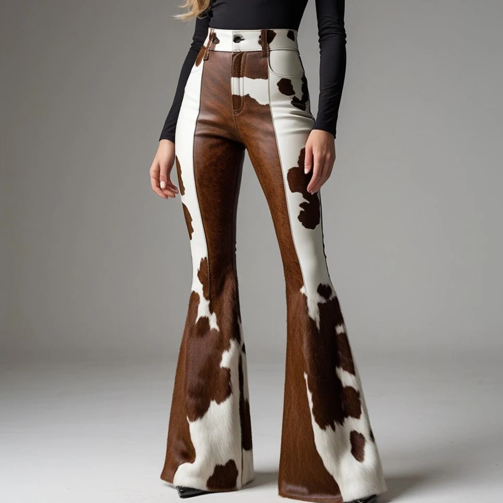 Western Cow Pattern Leather PU High Rise Bell Bottom Flare Pants ...