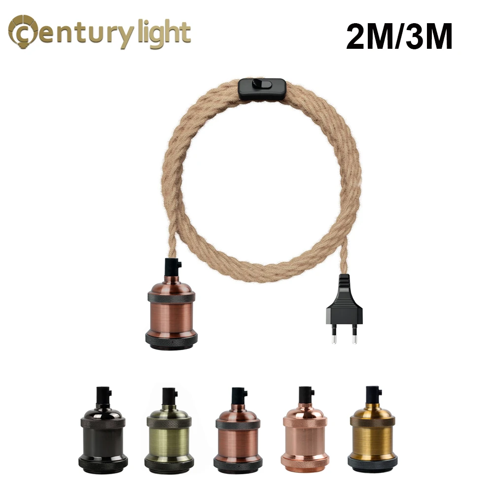 2M 3M 전원 코드 펜던트 라이트 트위스트 대마 로프 케이블 E26 E27 램프 홀더 EU 플러그 플러그 에디슨 전구 소켓 코드 케이블| | - AliExpress