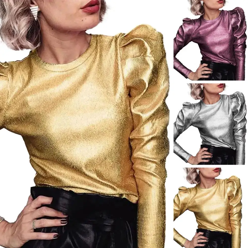 Pink-Golden-Silver-Puff-Long-Sleeve-Blouse-Casual-Female-Spring-O-Neck ...