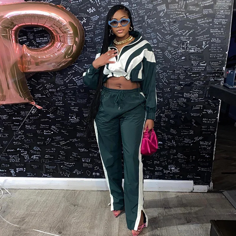 Casual-Patchwork-Two-Piece-Pant-Set-Women-Zipper-Jacket-Crop-Top-Casual ...