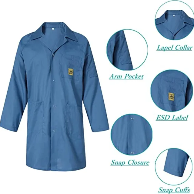 ESD Lab Coat with Lapel Collar, 3 Pockets & Snap Cuffs, Knee Length ...