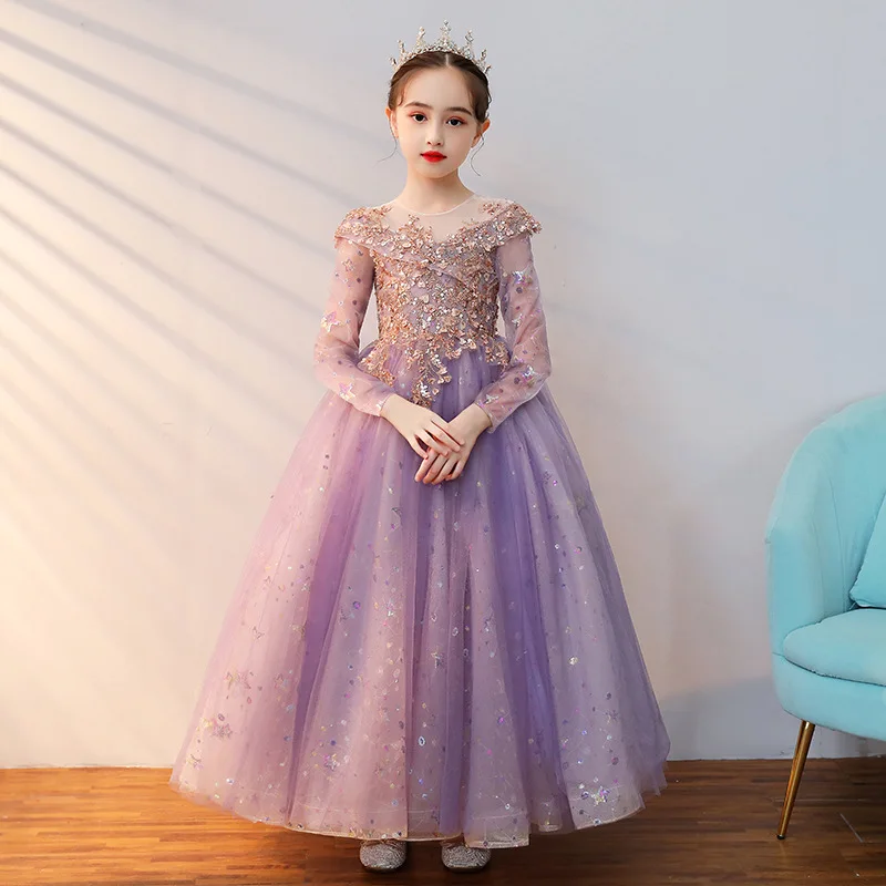 Child Girls Evening Long Dress Purple Pink Luxury Party Gowns Kids ...