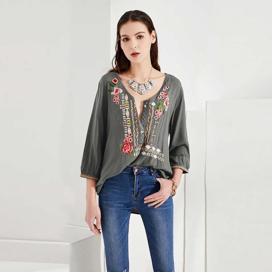 Eaeovni-blusas-e-blusas-boho-para-mulheres-camisas-bordadas-manga-3-4 ...