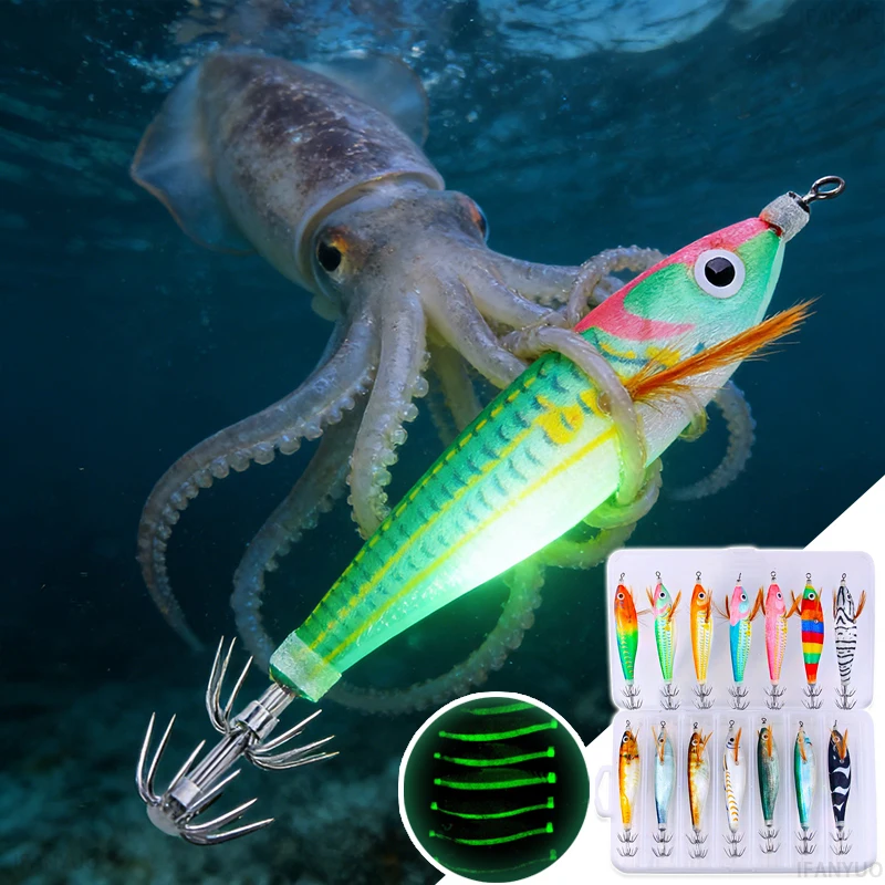 9.8cm9g Luminous Round Body Shrimp Squid Jig Lure Set 14pcs Double ...