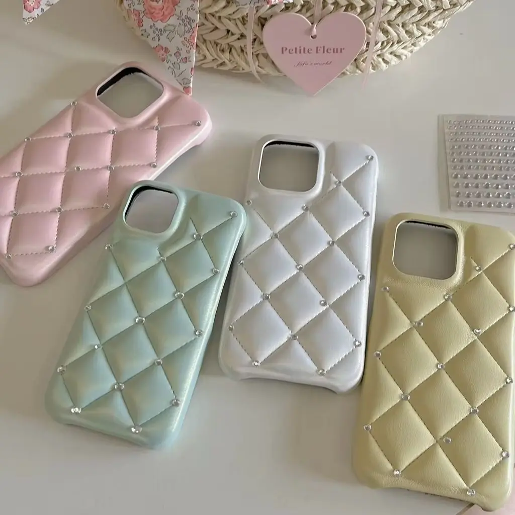 Ins-Solid-Color-Diamond-Grid-Pattern-Leather-Rhinestone-Shockproof ...