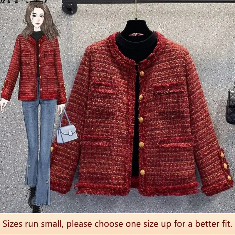 Autumn-Tweed-Style-Jacket-Women-s-Age-reducing-Vintage-Red-Coarse-Tweed ...