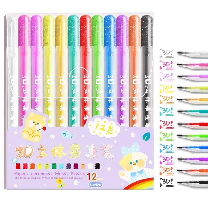 Assorted 12 Colors Gelly Roll Glaze Gel Pen Set 3D Jelly Pen Glossy Pen ...