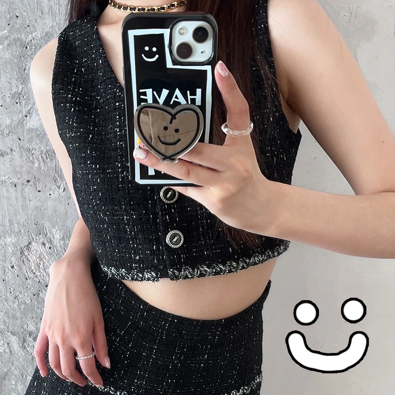 Korea Smiley Face Glitter Mirror Bracket Case For iPhone 12 13 11 Pro ...
