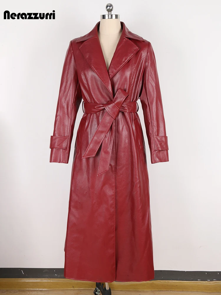 Nerazzurri-Spring-Autumn-Fitted-Long-Pu-Leather-Trench-Coat-for-Women ...